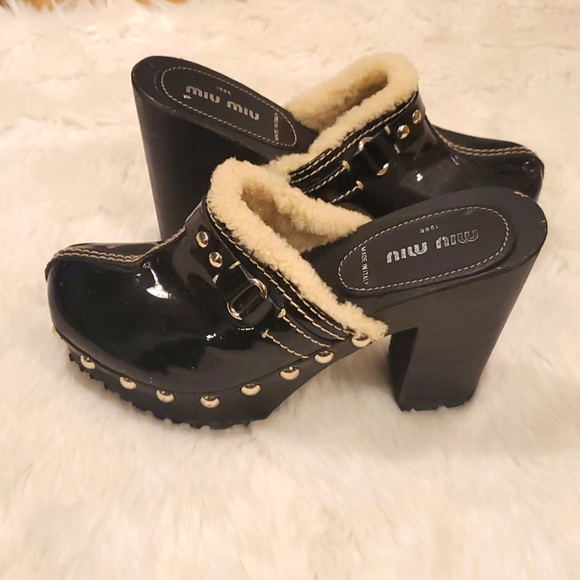 Miu Miu | Shoes | Authentic Miu Miu Patent Clogs Black Heels Women Size ...
